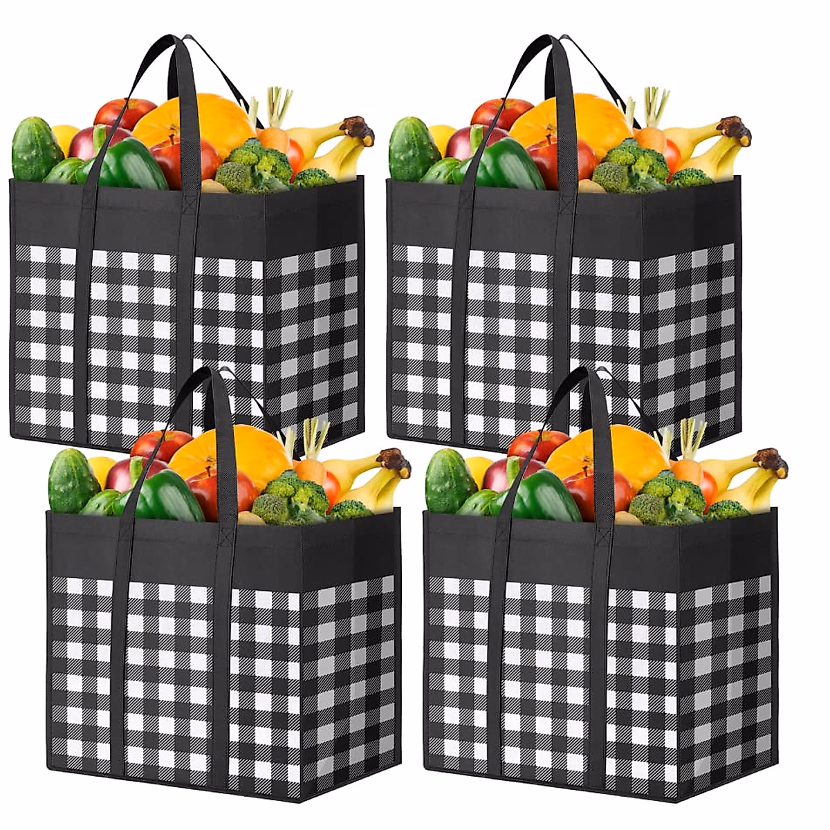 WOWBOX Reusable Grocery Bags,4-Pack, Foldable Reusable Shopping Tote Bags bulk with Reinforced Handles,Large Storage Bags with Water Resistant Coating for Groceries,Multipurpose,Black-White