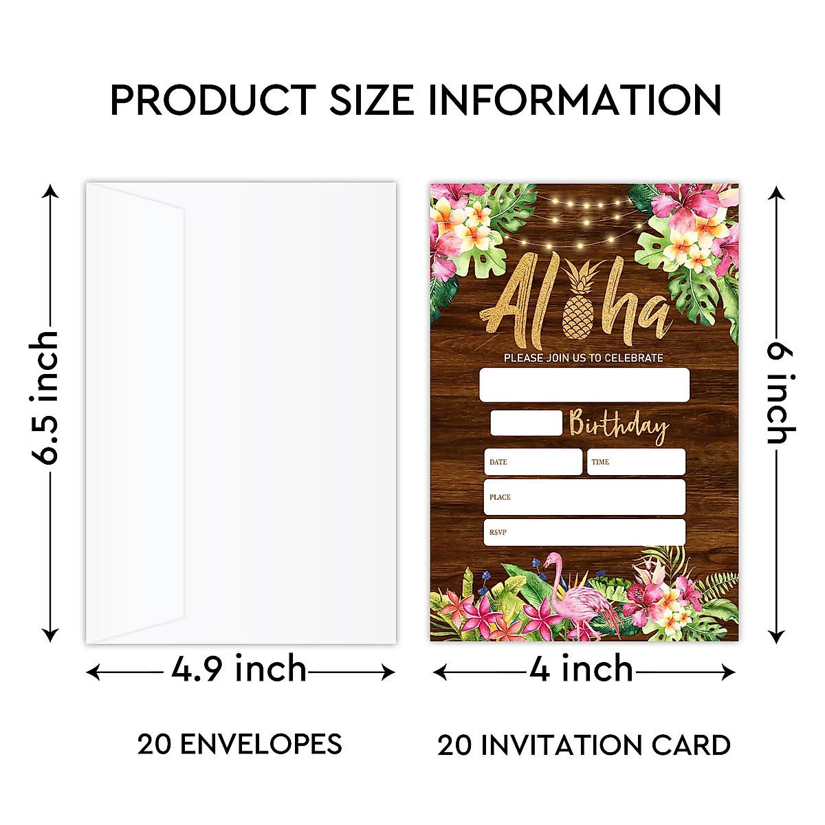 Hawaiian Aloha Birthday Party Invitations Cards with Envelopes, Summer Pool Party Invitations, Tropical Summer Birthday Celebration Supplies, Double-sided Fill-in bday Invites for Boys Girls- A11