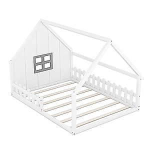 House Bed Full Size, Wood Floor Bed for Kids, Montessori Bed with Railings and Slats for Boys Girls, Low to Ground Height, No Box Spring Needed, White