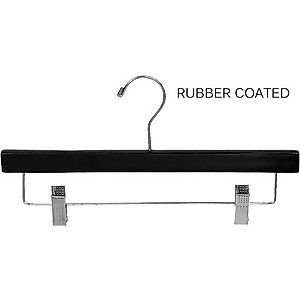 Black Rubberized Wooden Pant Hanger with Adjustable Cushion Clips, Rubber Coated Bottom Hangers with Chrome Swivel Hook (Set of 100) by The Great American Hanger Company