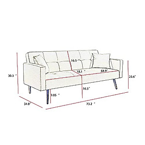 Sofa Couch Futon Sleeper Sofa with Adjustable Back, Velvet Loveseat Sofa with Metal Legs for Living Room, Bedroom, Small Space (White)