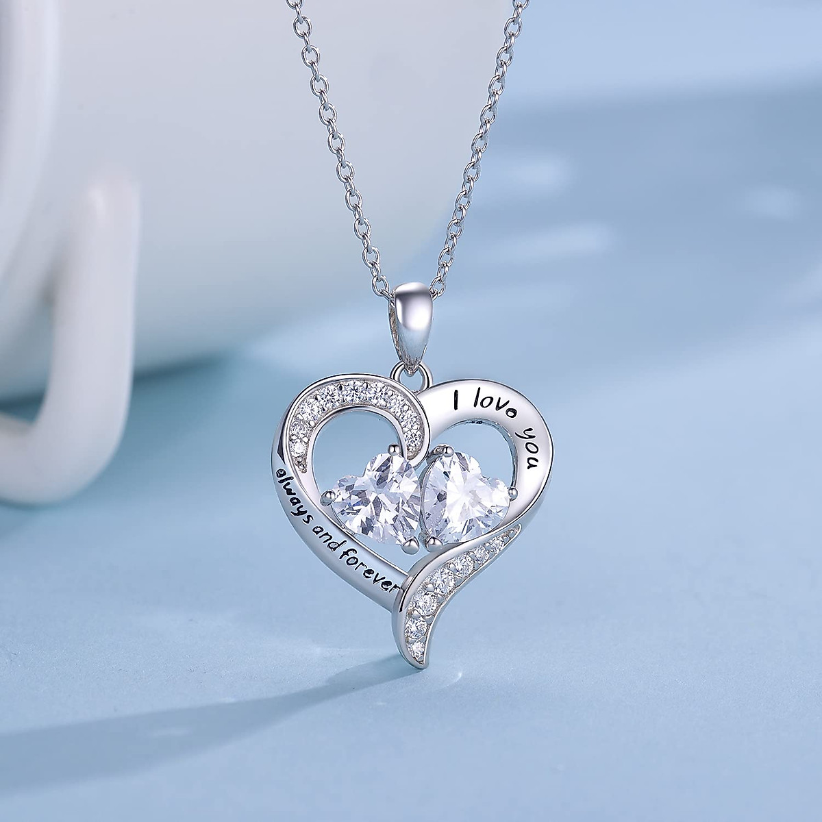 BlingGem Necklaces for Women Sterling Silver Personalized Heart Pendant Necklace with 2 Customized Birthstones 5A Cubic Zirconia I Love You Always and Forever Gift for Women Mom Wife
