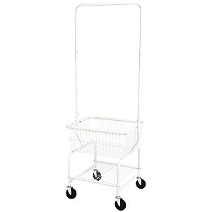 Amazon Basics Rectangular Laundry Hamper Basket Butler Cart with Wheels and Hanging Rack, White