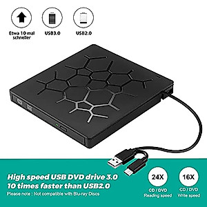 BPAKDU External DVD CD Drive Type-c USB3.0 CD Player, 6 in 1 New DVD Burner, Plug and Play,Ultra Slim, for Mac, PC Windows 11/10/8/7 Linux OS