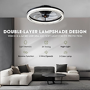 LUDOMIDE Ceiling Fans with Lights, 20" Low Profile Ceiling Fan with Light Remote Control, Flush Mount Fandelier Ceiling Fan 6 Wind Speeds 3 Color Changeable for Bedroom, Kitchen and Kids Room (Black)