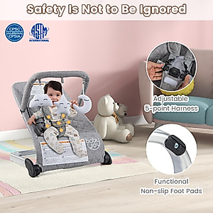 BABY JOY Baby Bouncer, Foldable Baby Bouncer Seat with 5-Point Safety Harness, Removable Fabric Cover & 3 Plush Toys, Portable Infant Bouncer for Babies 0-6 Months (Grey)