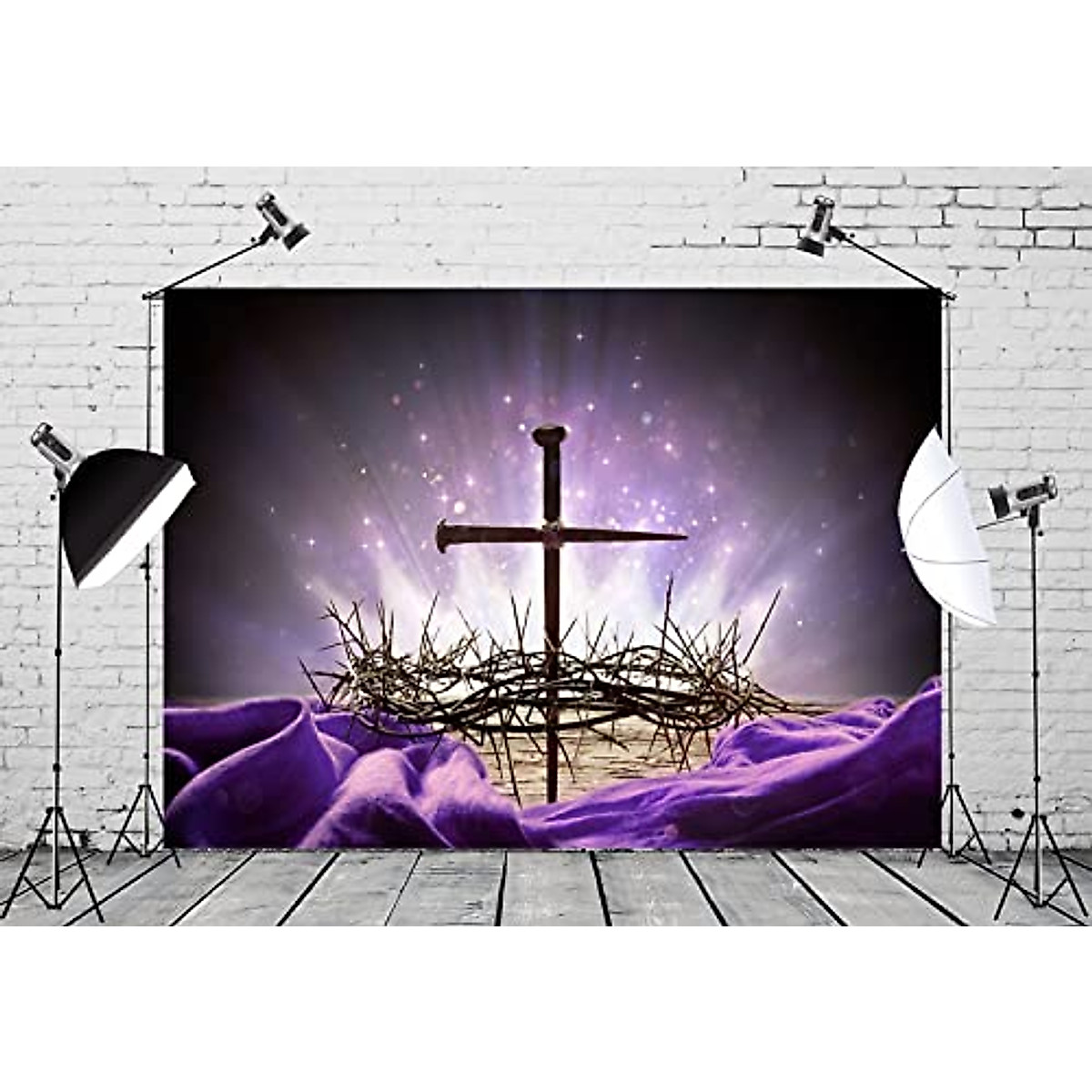 Loccor Fabric 7x5ft Crucifixion of Jesus Backdrop Crown of Thorns Cross Nail Holy Light Photography Background Purple Easter Religious Banner Christian Church Event Party Decoration Photo Booth Props