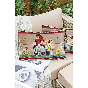 Lumbar Pillow Covers 12 x 20 Inches, Ladybug Gnome Waterproof Pillow Protector Set of 2 Throw Pillowcases Cover, Summer Spring Flroal Wood Board Rectangle Cushion Covers for Patio/Tent/Couch/Garden