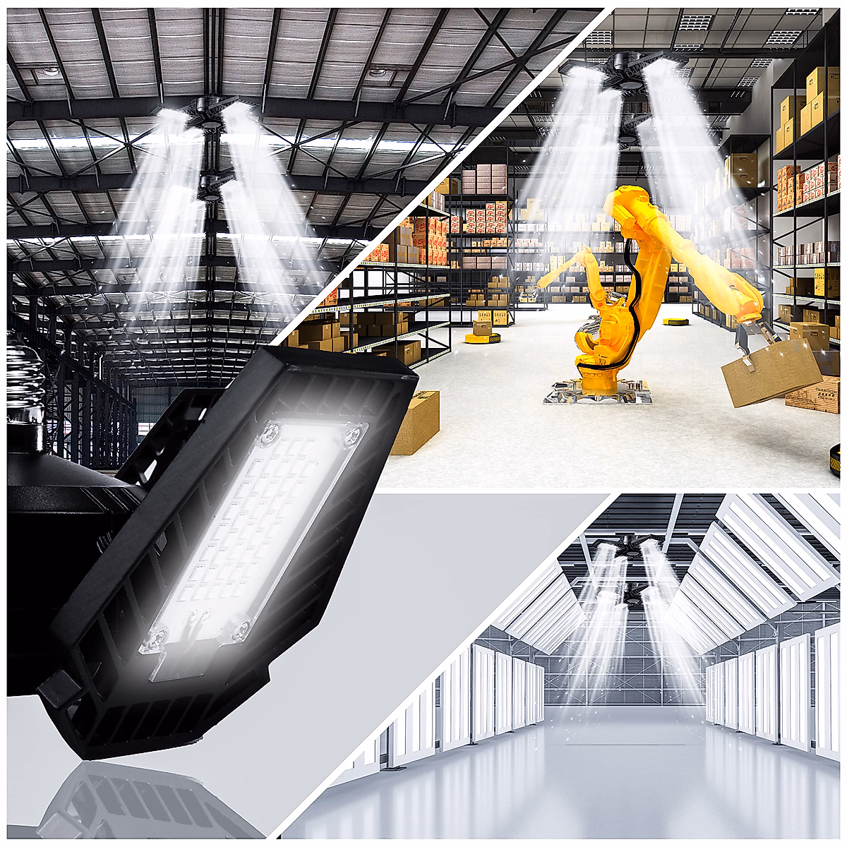 Pinegreen Lighting Led Garage Light, 100w 12000lm Garage Ceiling Lights, 6500k E26/E27 Led Shop Light with 4 Adjustable Panels for Garage Workshop Warehouse Basement High Bay Light