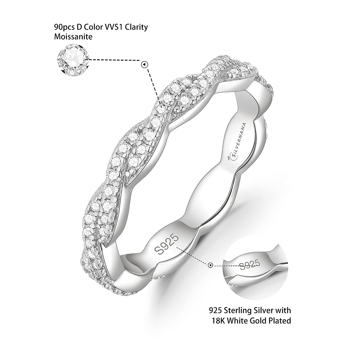 SILVERNANA Sterling Silver Moissanite Wedding Band for Women 0.4ct Moissanite Diamond Eternity Wedding Ring Twisted Vine Stackable Ring Size 6.5