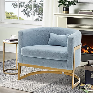 Apeaka Modern Teddy Accent Chair Boucle Arm Chair Living Room Chairs Upholstered Sofa Chair for Bedroom Office Club Barrel Chairs Light Blue