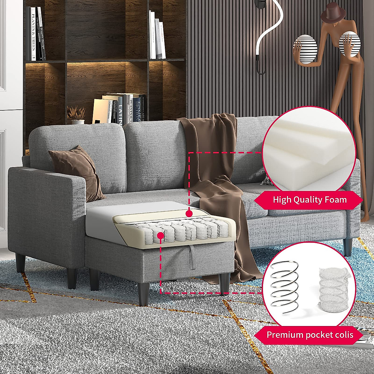 MUZZ 78” Sectional Sofa with Movable Ottoman, Free Combination Sectional Couch, Small L Shaped Sectional Sofa with Storage Ottoman, Modern Linen Fabric Sofa Set for Living Room (Light Grey)