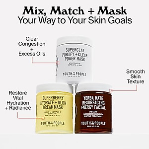 Youth To The People Superclay Purify + Clear Power Mask, Full Size (2 fl oz), Pore Clearing Clay Mask, Absorbs Excess Oil, Exfoliating Salicylic Acid, 2% Niacinamide, Kombucha Black Tea, Vegan