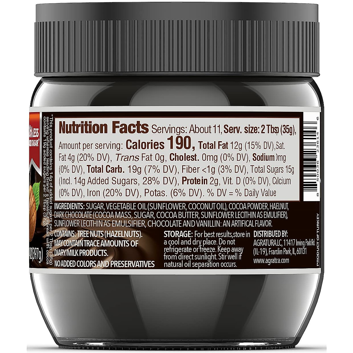 Nutio Dark Chocolate Hazelnut Spread - 26% Less Added Sugar, Palm Oil Free, Gluten Free, Non-GMO - 14 oz Glass Jar