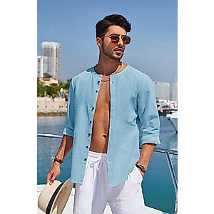 COOFANDY Men's Linen Button Down Shirt Long Sleeve Casual Beach Tops(Blue, Medium)