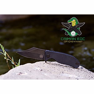 Off-Grid Knives - Caiman EDC, D2 Bowie Blade Folding Knife w/ G10 Scales, Bearings, Deep Clip, Left or Right Hand Carry