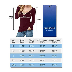 ALLEGRACE Women Sexy Open V Front Wrap Pleated Slim Top Tee Cross Hem Long Sleeve Ruched T Shirt Orange Red L