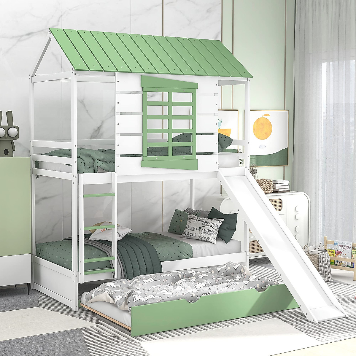 MERITLINE House Bunk Beds with Slide for Kids, Wood Twin Over Twin Bunk Beds with Trundle and Convertible Slide,Slide Playhouse Bed for Girls Boys, White+Green