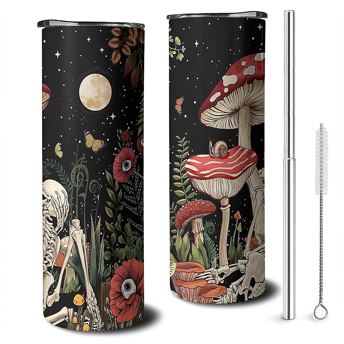 thmasamwr Mushroom Skinny Tumbler With Straw and Lid, Stainless Steel 20oz Insulated Coffee Travel Mug, Skeleton Mushroom Cups for Goth Mushroom Lovers Gifts for Women and Girls