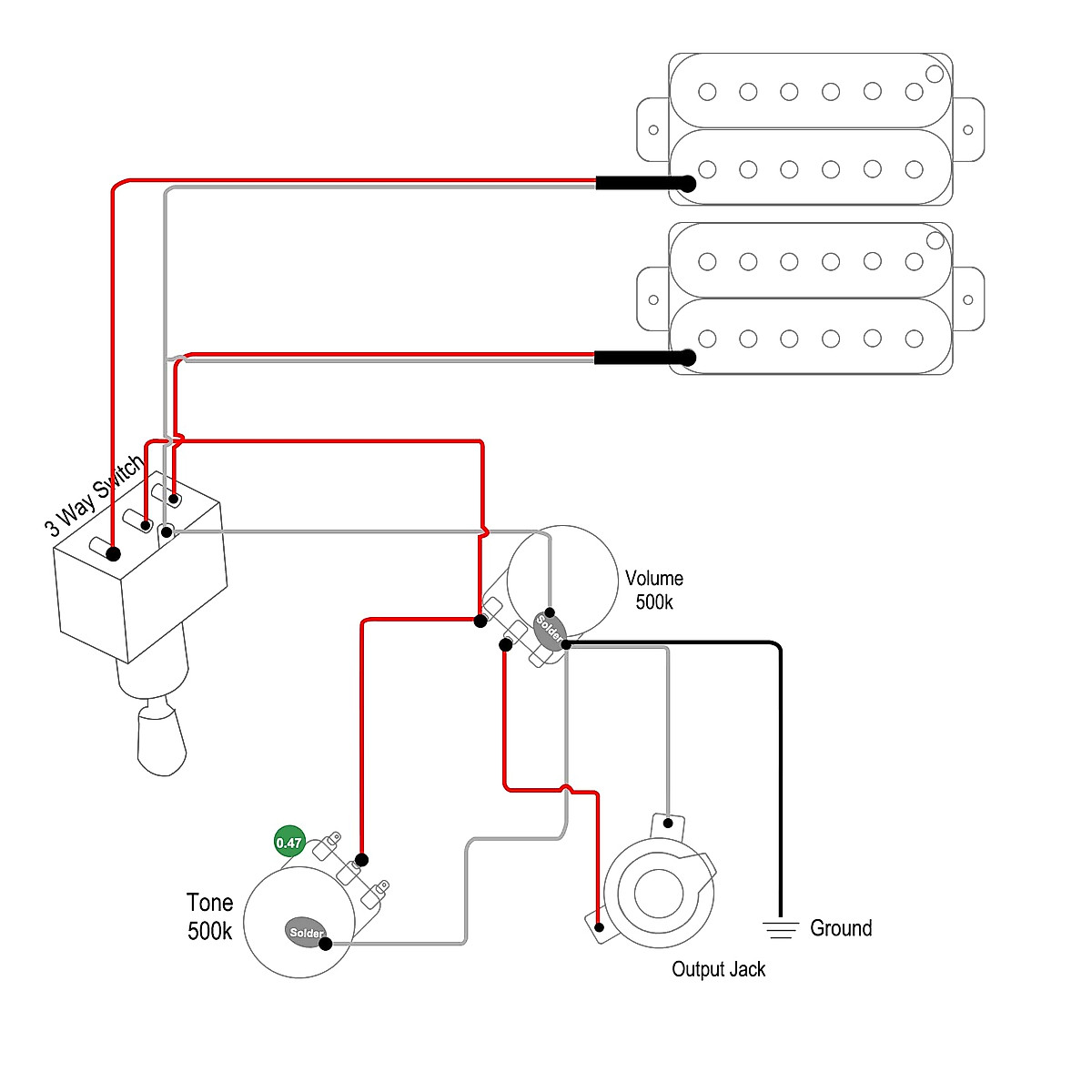 SAPHUE Guitar Wiring Harness Set Prewired 500K Pots 3 Way Toggle Switch Wiring Harness Kit with 6.35 Output for Electric Guitar