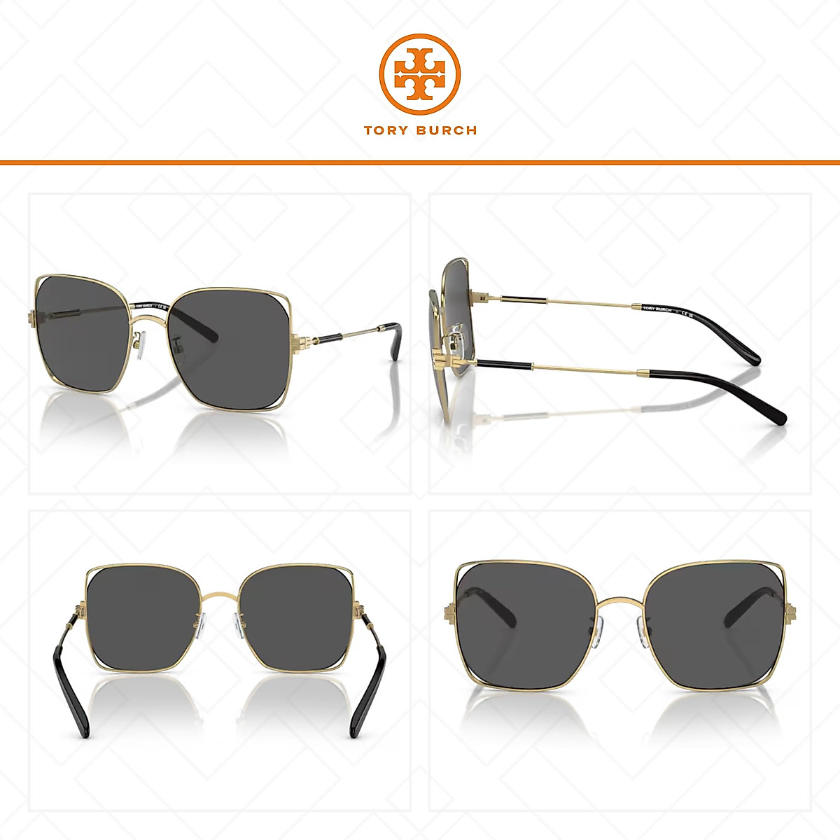 Tory Burch TY6097 331687 55MM Gold/Dark Grey Square Sunglasses for Women + BUNDLE With Designer iWear Eyewear Kit