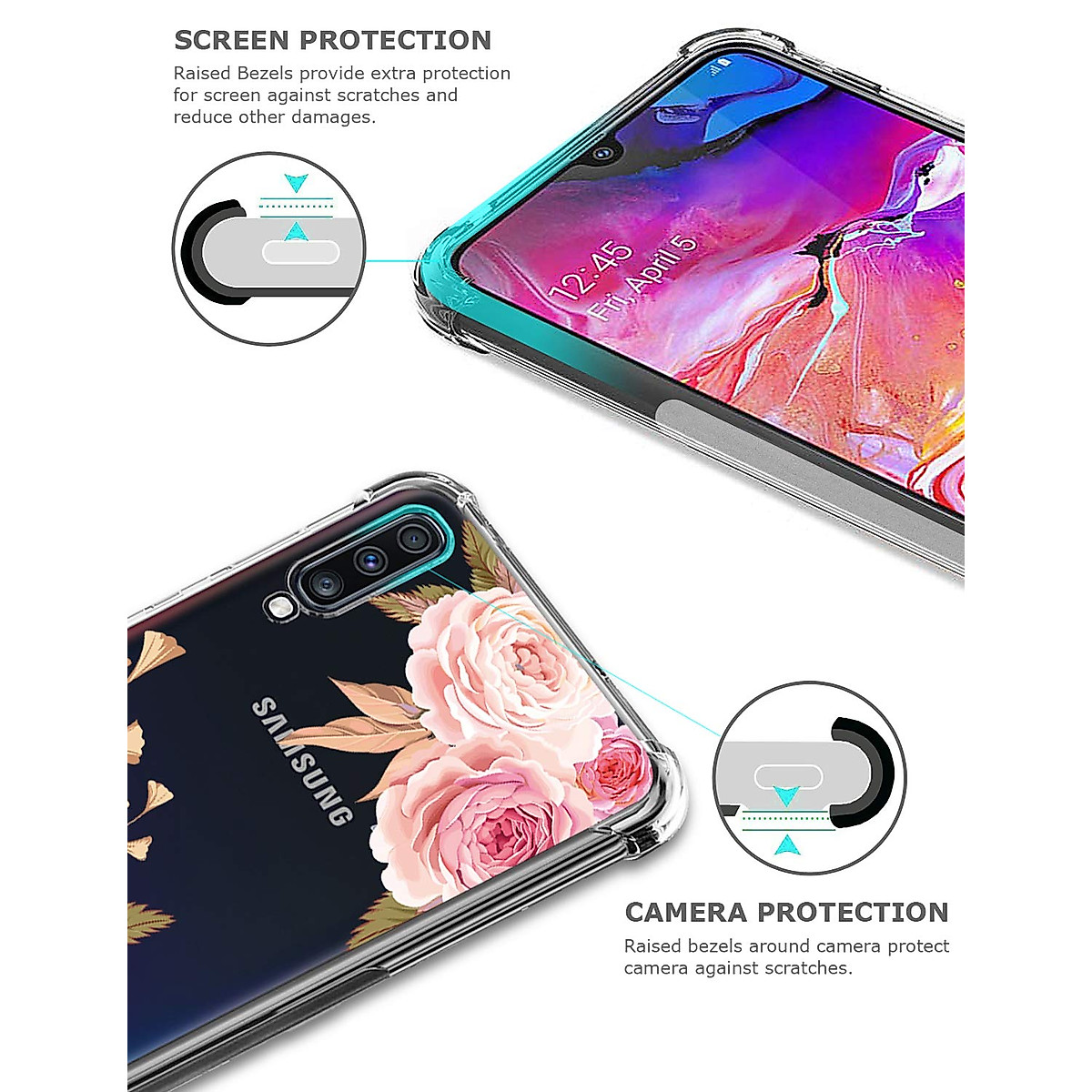 GREATRULY Floral Clear Case for Galaxy A70 for Women Girls,Pretty Phone Case for Samsung Galaxy A70 (2019),Flower Design Transparent Slim Soft Drop Proof TPU Bumper Cushion Silicone Cover Shell,FL-K
