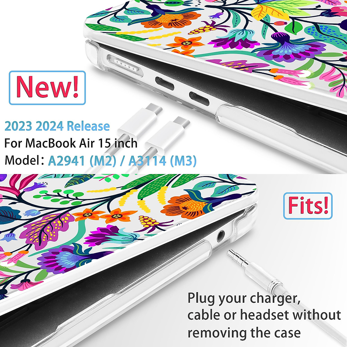 Mektron Designed for 2024/2023 MacBook Air 15 INCH M3 A3114 /M2 A2941 Case, Printed Plastic Hard Shell Cover with 15.3" Liquid Retina Display Touch ID, Bright-Coloured Flowers