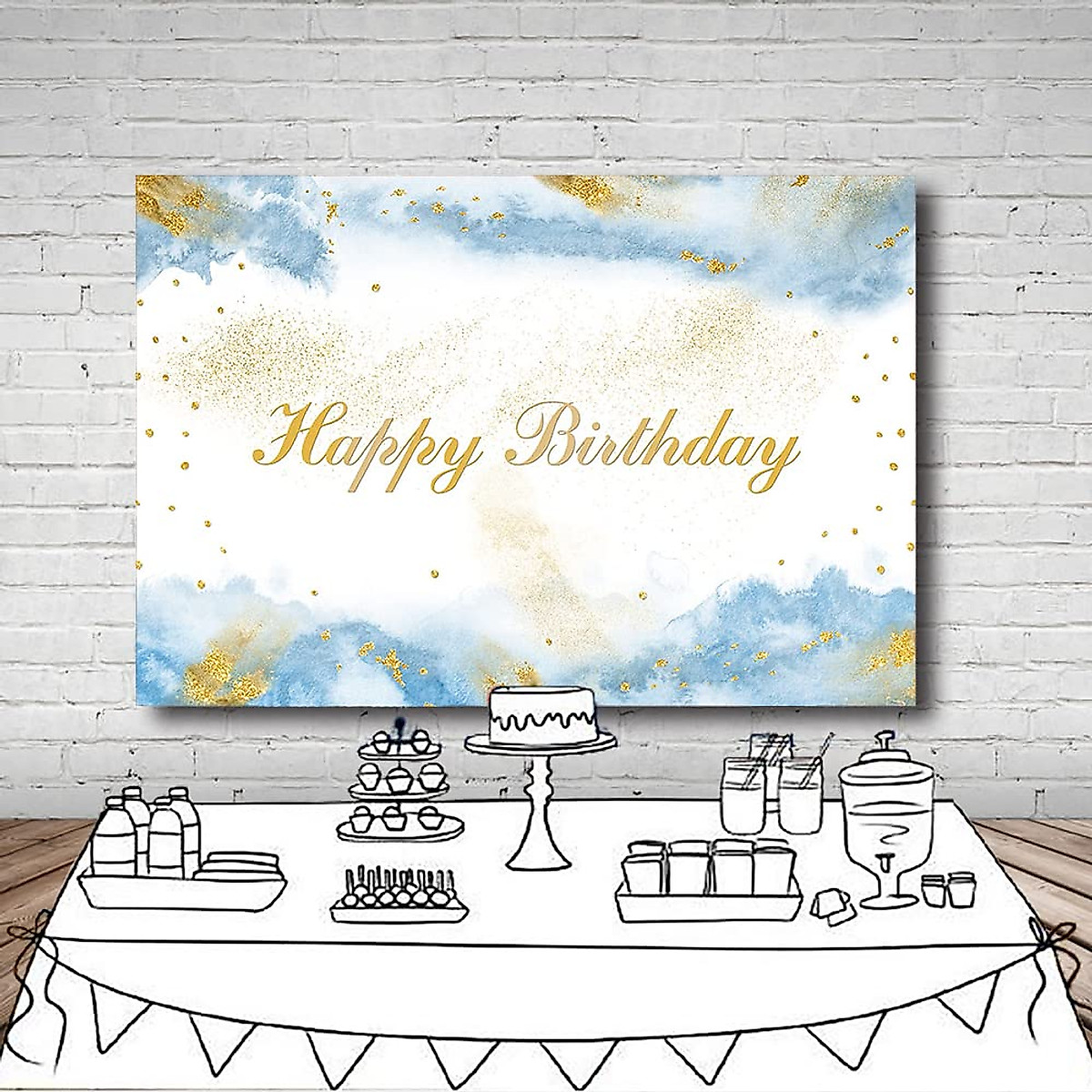 MEHOFOND 7x5ft Happy Birthday Backdrop Boys 1st Birthday Party Decorations Light Blue Watercolor Clouds Photography Background Gold Glitter Pastel Rainbow Bday Banner Cake Smash Table Supplies