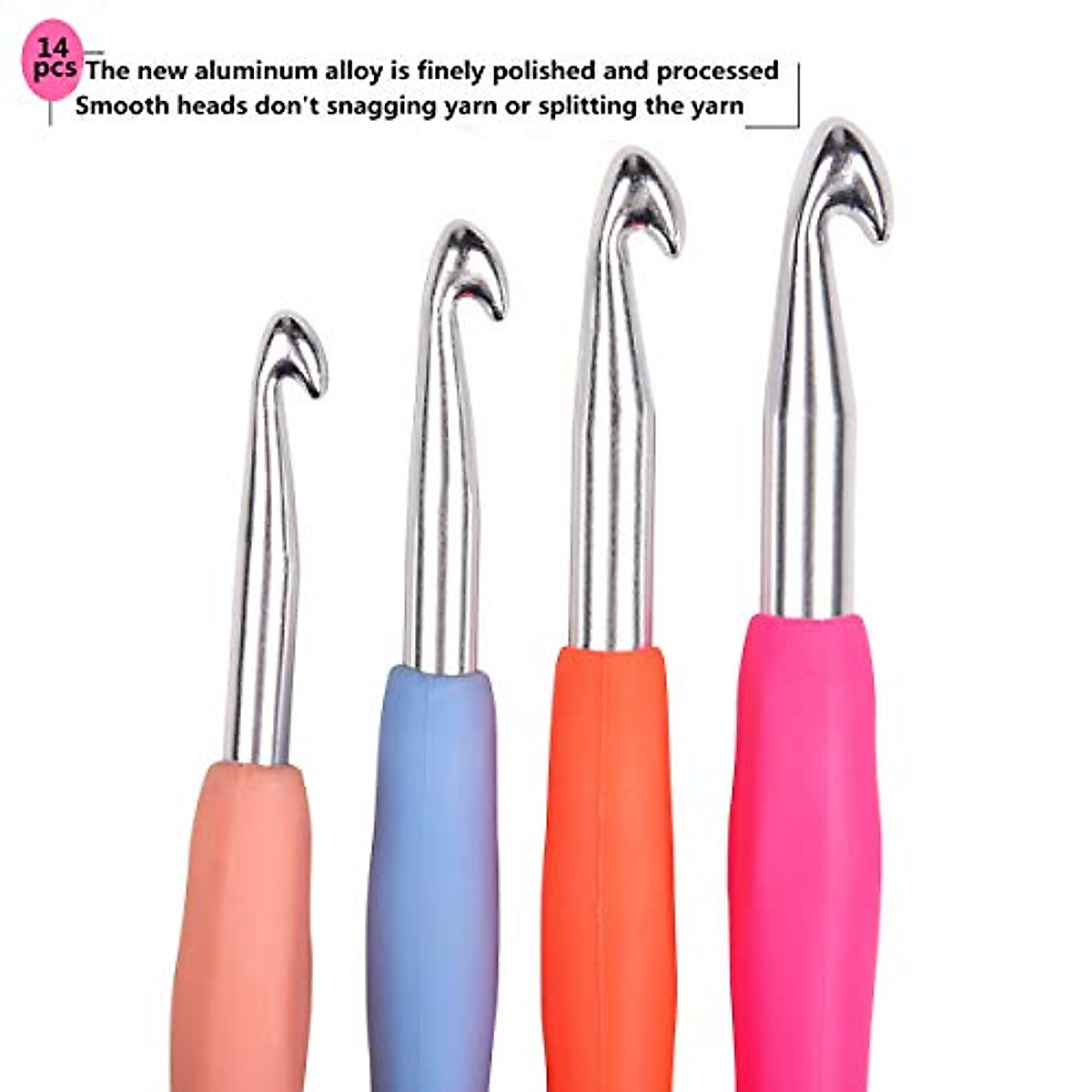 YOKER Crochet Hooks Set, 14 Sizes 2mm(B)-10mm(N) Ergonomic Crochet Needles with Case for Arthritic Hands, Extra Long Crochet Kit