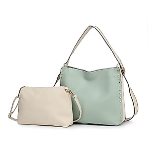 MKF 2 PC Set, Hobo Bag for Women & Crossbody Messenger – PU Leather Designer Handbag – Top Handles Shoulder Purse Seafoam