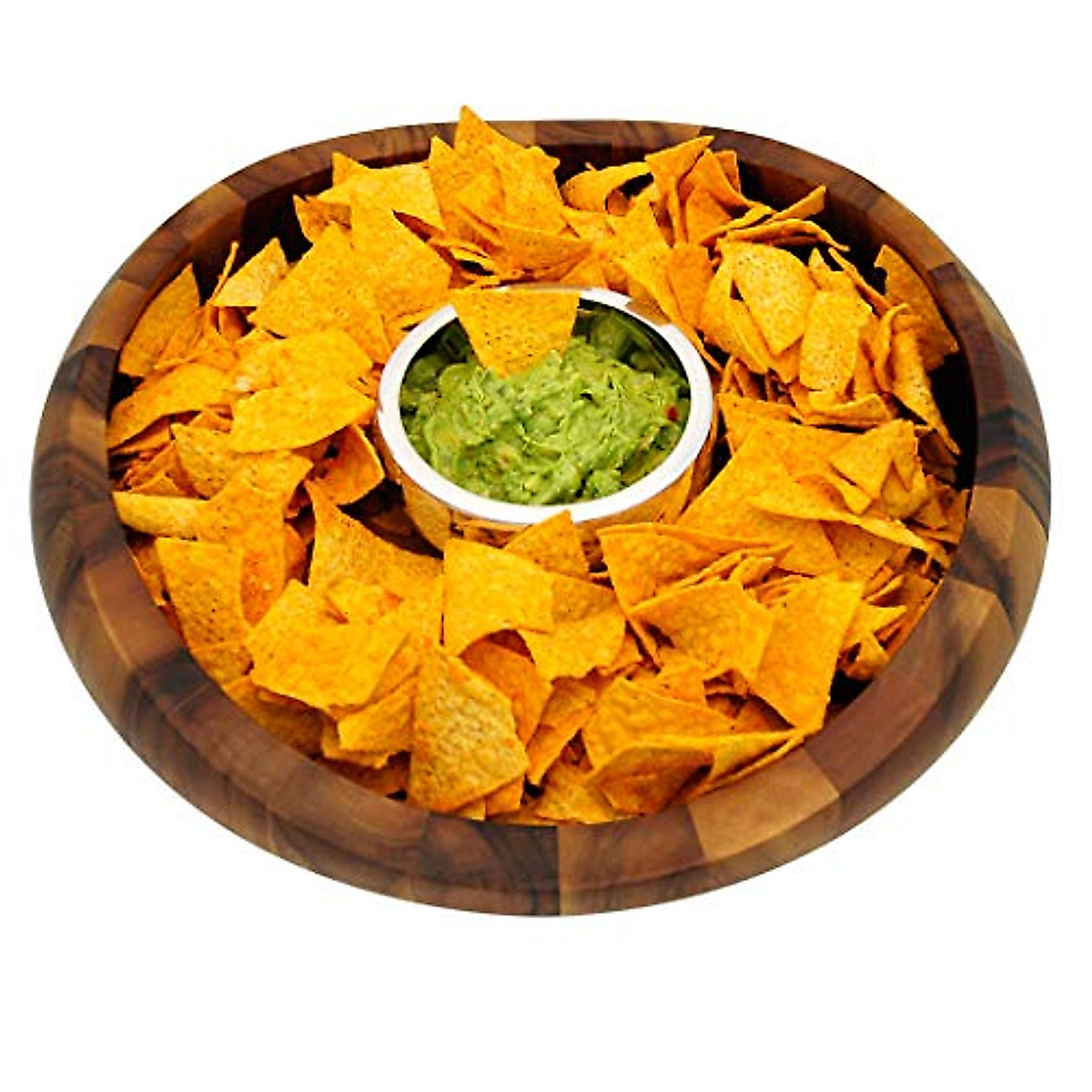 nambe - Nara Collection - Curved Chip & Dip Bowl 13" x 3.5" - Inner Mini Nambe Alloy Dip Bowl - Measures at 13" x 3.5" - Made with Nambe Alloy and Acacia Wood - Designed by Sean O'Hara