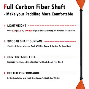 WONITAGO Kayak Paddles Carbon Fiber Shaft Paddle with Nylon Blades, Floating Adjustable Kayaking Oars, 3 Piece, 230-250 cm/90-98 Inches Orange