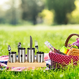 ZOOFOX 4 Pack Silverware Holder, Stainless Steel Utensil Organizer with Bamboo Base for Forks, Knives and Spoons, Perfect for Kitchen Table, Cabinet, Pantry ( Nature )