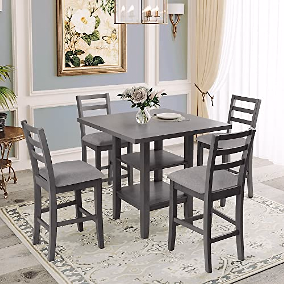 FANYE 5-Piece Counter Height Kitchen & Dining Room Dinette Furniture Sets Include Wooden Square Table with Bottom Storage Shelves and 4 Upholstered Back Chairs for 4 Persons Family Meal,Gray, Grey