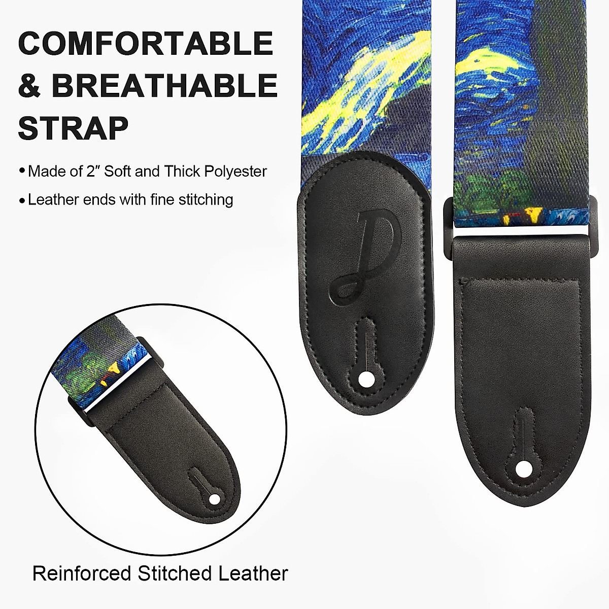 Dulphee Guitar Strap, W/Free 2 Locks & 1 Button, Ultra Comfortable Shoulder Straps for Bass, Electric & Acoustic Guitars (Van Gogh Starry Night)