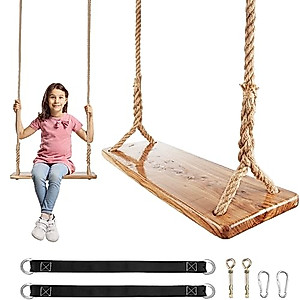 Wooden Tree Swing,Wooden Swing for Adults/Kids 500lb with Load Capacity,Adjustable Hemp Rope Plus Tree Straps 100 inch, Hanging Wooden Swing for Indoor, Outdoor, Garden,Yard,Backyard (Wooden)