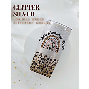 Onebttl Memaw Gifts from Granddaughter, Grandson, Insulated Stainless Steel Wine Tumbler with Lid and Straw, for Grandma on Mother's Day, Birthday, Christmas, Best Memaw Ever, Glitter Silver, 20 oz