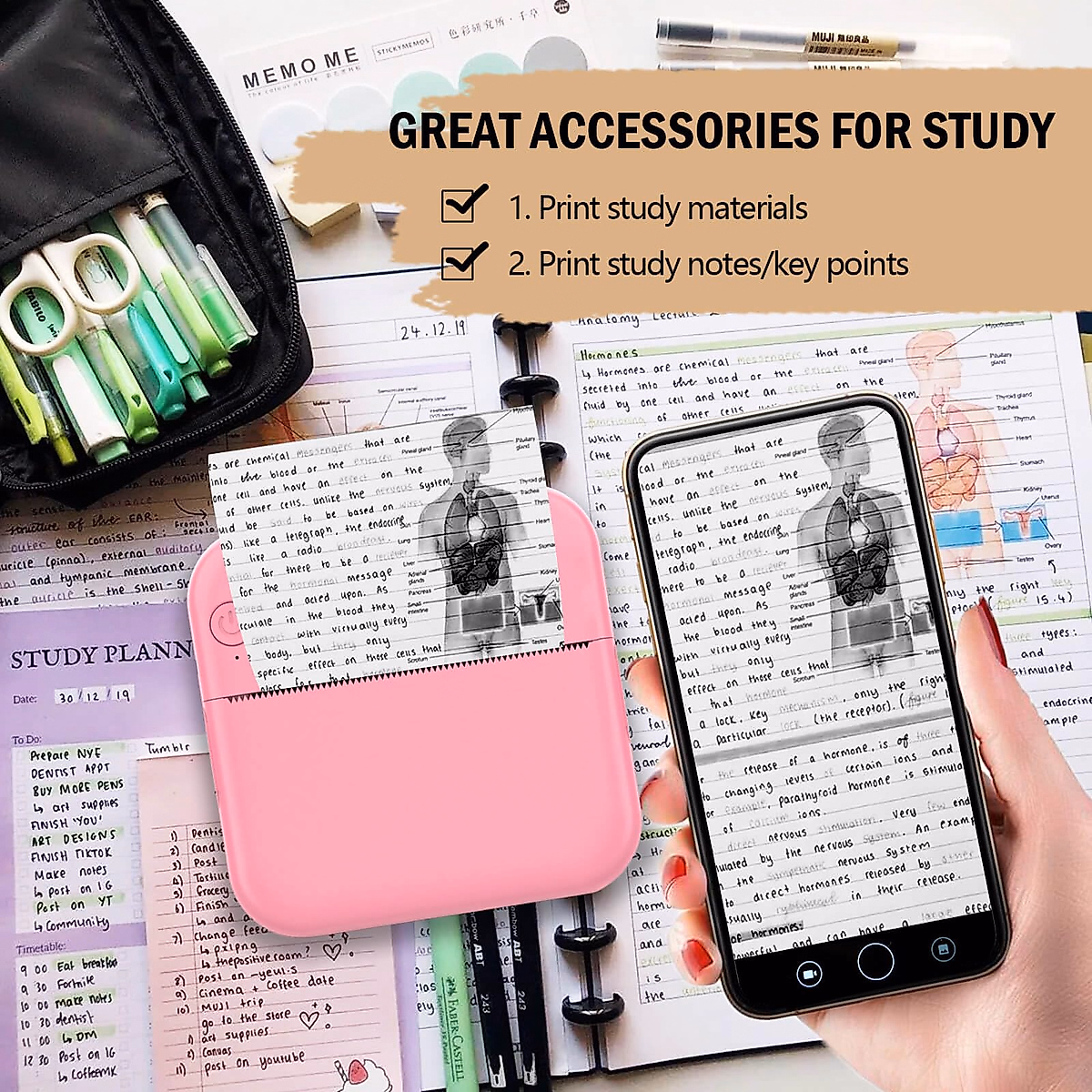 HUIJUTCHEN Inkless Mini Thermal Pocket Printer, Wireless Mini Sticker Printer with 10 Rolls Thermal Paper for iOS&Android, Portable Mini Photo Printer for Notes Journal Memo Photo Study, Pink