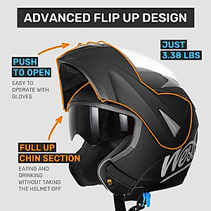 Westt Motorcycle Helmets Modular Motorcycle Helmet for Adults Motorbike Helmet ATV Helmet with Dual Visor for Men & Women Full Face Helmet Flip Up Motorcycle Helmet DOT Approved