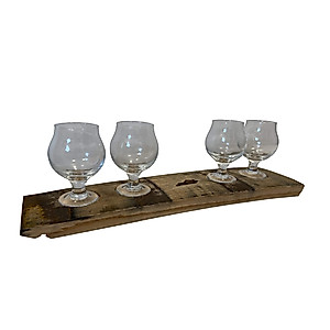 Bourbon Barrel Stave Flight Board With Four Snifter Glasses