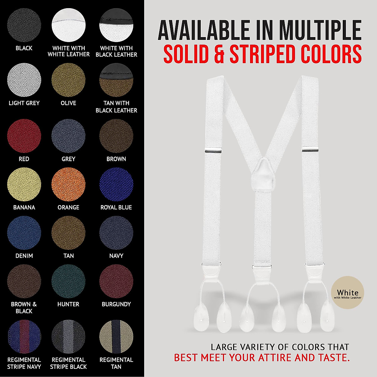 HOLD'EM Tuxedo Suspenders for Men Black Genuine Leather Button End 1.25 Inches Mens Braces Suspenders- White (Regular 46" Long)