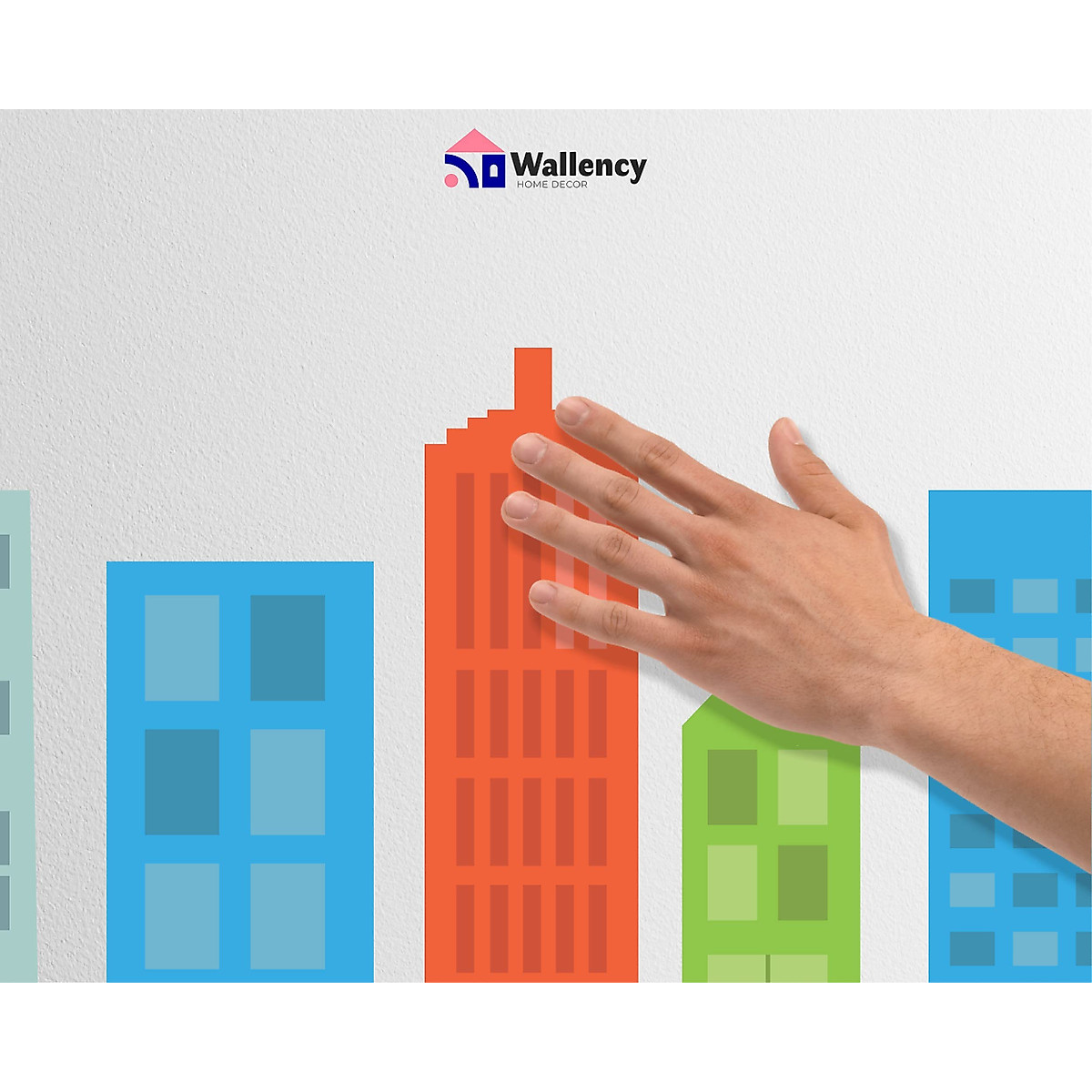 Wallency City Wall Decal - Fabric Wall Decal - Colorful Skyscraper Buildings, Clouds and Sun Wall Stickers for Kids Room, Nordic Nursery - Peel and Stick, Removable Wall Stickers (Small)