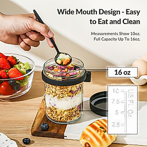 DRKIO 4 Pack Overnight Oats Containers with Lids and Spoons 16 Oz Glass Mason Jars for Overnight Oats Jars Leak Proof Oatmeal Container Great for Cereal Fruit Vegetable Milk Salad Yogurt Meal Prep