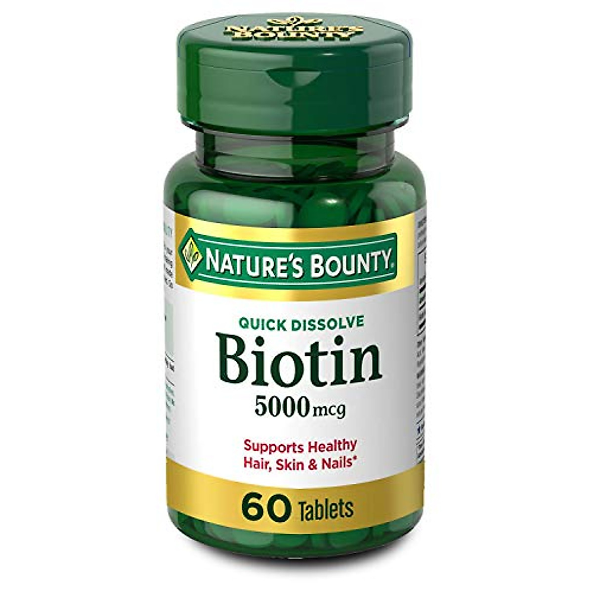 Biotin by Nature's Bounty, Vitamin Supplement, Supports Metabolism for Cellular Energy and Healthy Hair, Skin, and Nails, 5000 mcg, 60 Quick Dissolve Tablets