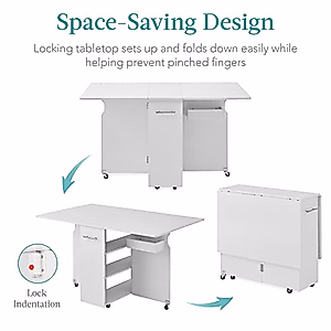 Best Choice Products Folding Dining Table, Multipurpose Collapsible Drop Leaf Extension, Versatile Space Saving Desk Furniture w/Wheels, 3 Storage Shelves, Metal Handle - White