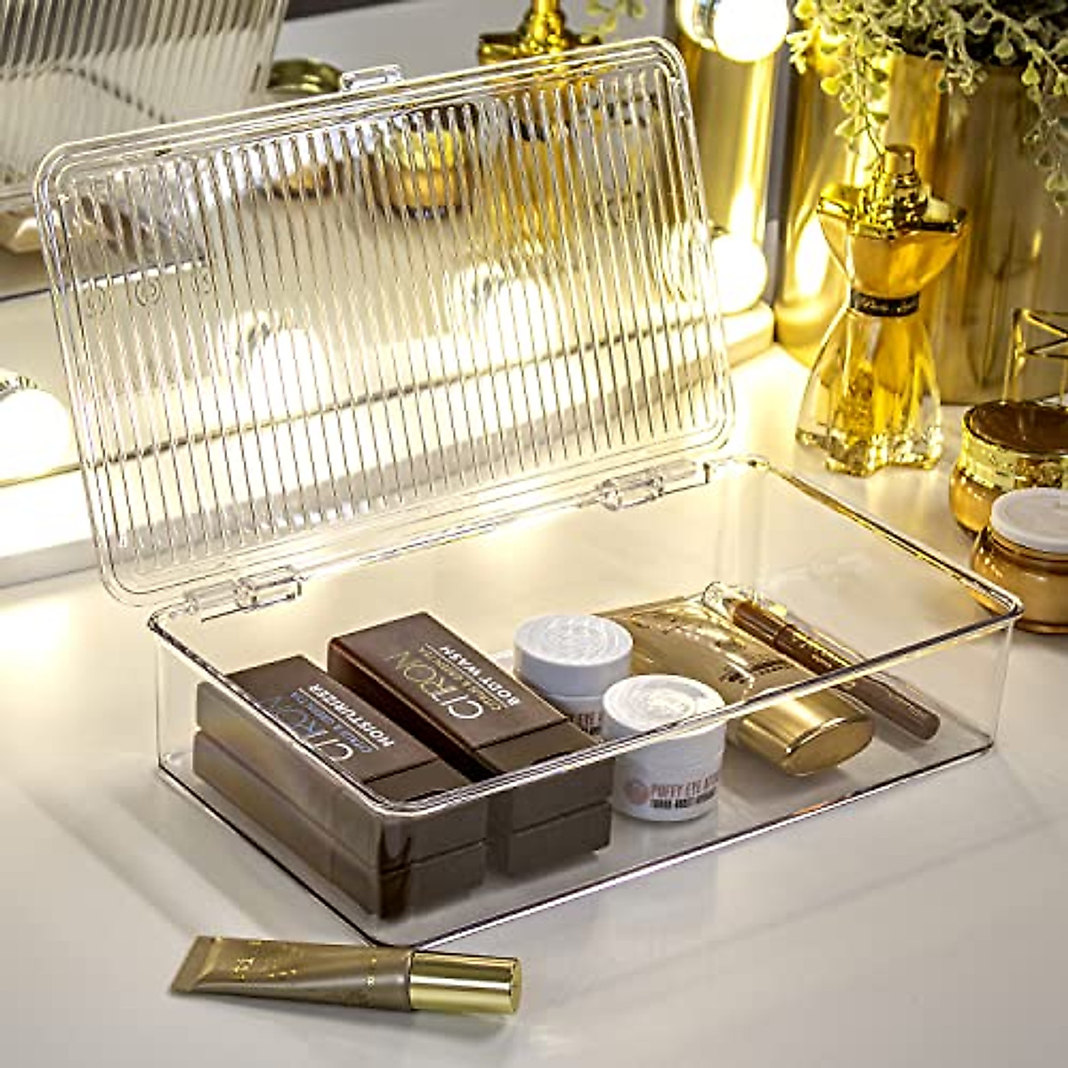 Sorbus Sturdy Plastic Storage Bins with Lid- Stackable Refrigerator Organizer Bins- MultiPurpose Versatile Lightweight Pantry Organizer- Perfect Cabinet Organizer and Storage for Kitchen- 2 Pack (S,M)