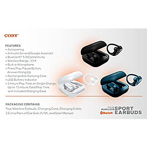 COBY True Wireless Sport Earbuds 15 Hours, Charging Case, Playback Controls, Siri and Google Assistant, Auto Bluetooth 5.0 Pairing, for Gym, Running, Workout - Works with iPhone, Android, iPad (Black)