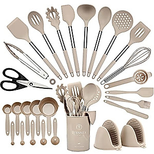 Hvygss Kitchen Utensil Set, 28 Pcs Silicone Cooking Utensils Set, Stainless Steel Handle Silicone Spatula Set with Silicone Whisk, Tongs, Ladle, Scissors, Measuring Cups and Spoons Set (Khaki)