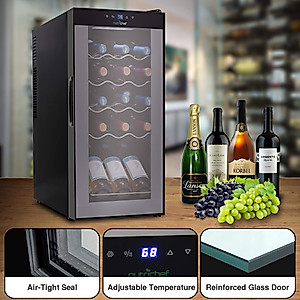 NutriChef 15 Bottle Compressor Refrigerator White & Red Chiller Countertop Cooler-Freestanding Compact Mini Wine Fridge Capacity, Digital Control, Glass Door, Black
