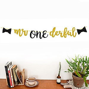 Morndew Glitter Mr One Derful Banner for Kids First Birthday Party Gender Reveal Party Baby Shower Bunting Decoration